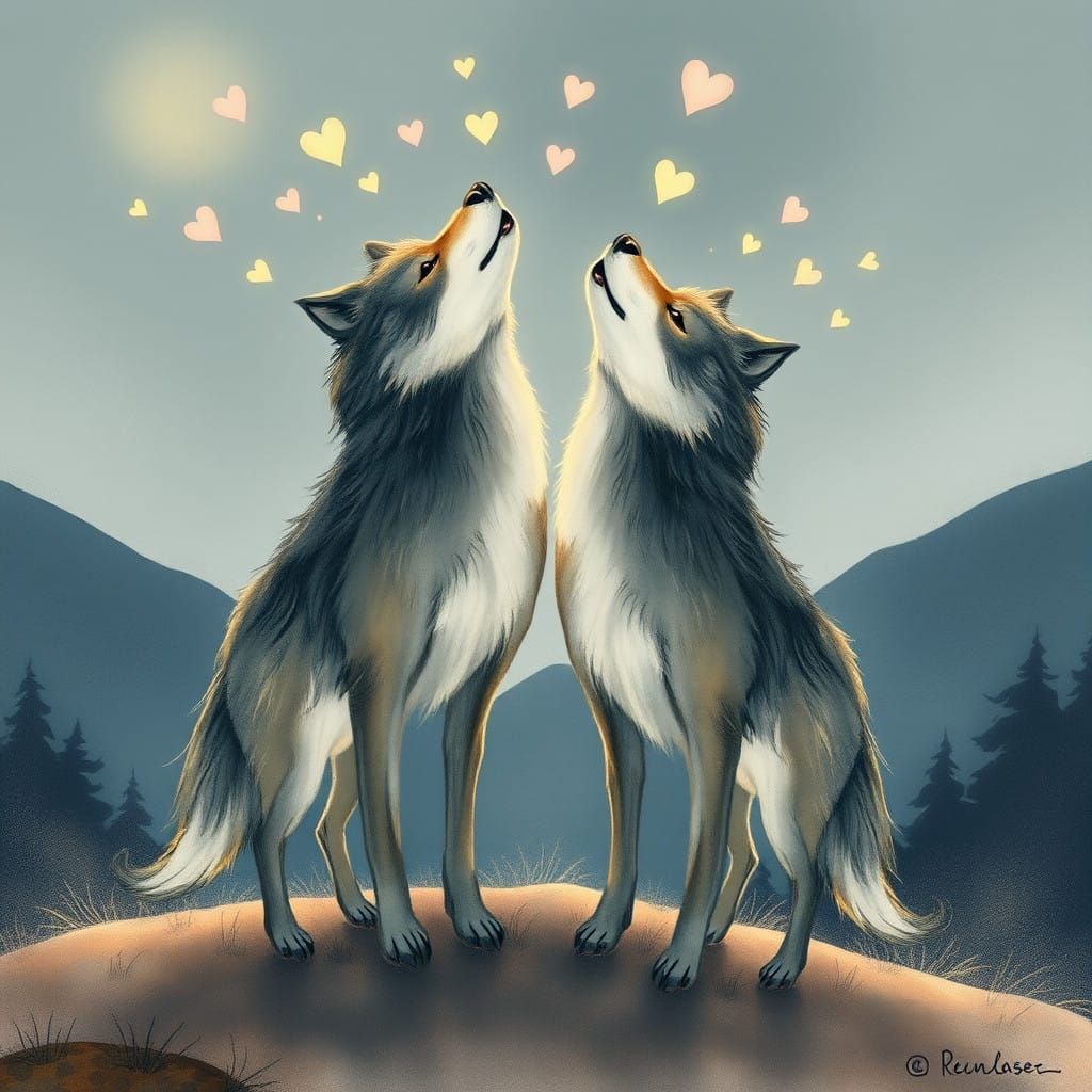 Wolves in Whimsical Harmony Under the Moon - AI Art