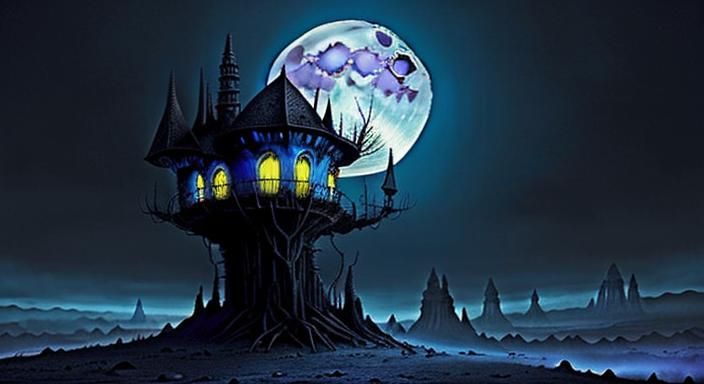 (Clear Blue Moon:1.3) epic cosmic (dark fantasy and sci-fi landscape:1. ...