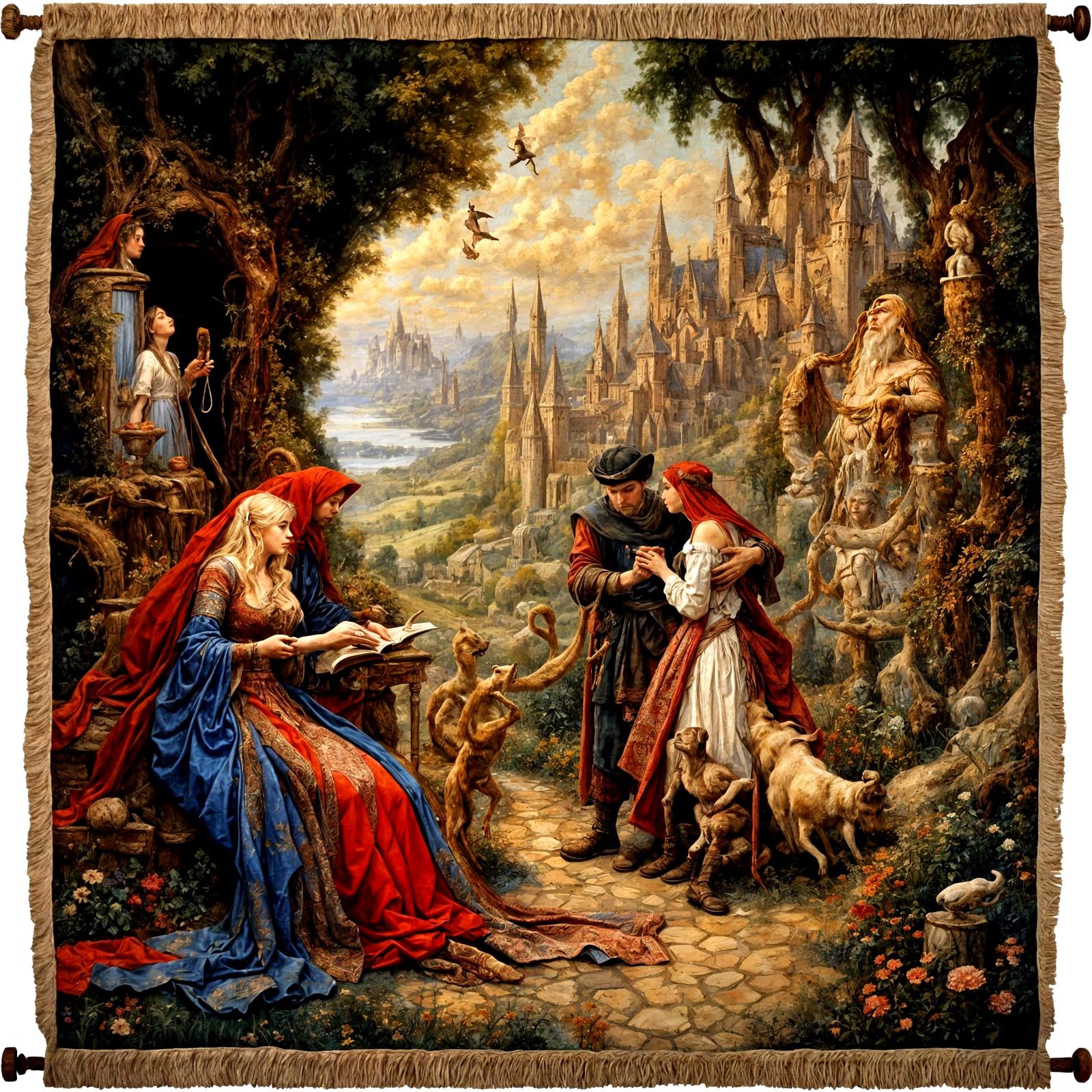 Woven tapestry surrealism medieval scene, textile art, Rackham, Pino Daeni