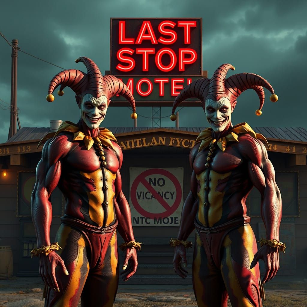 Muscular Jesters Stand Guard at the Last Stop Mote... - AI Art