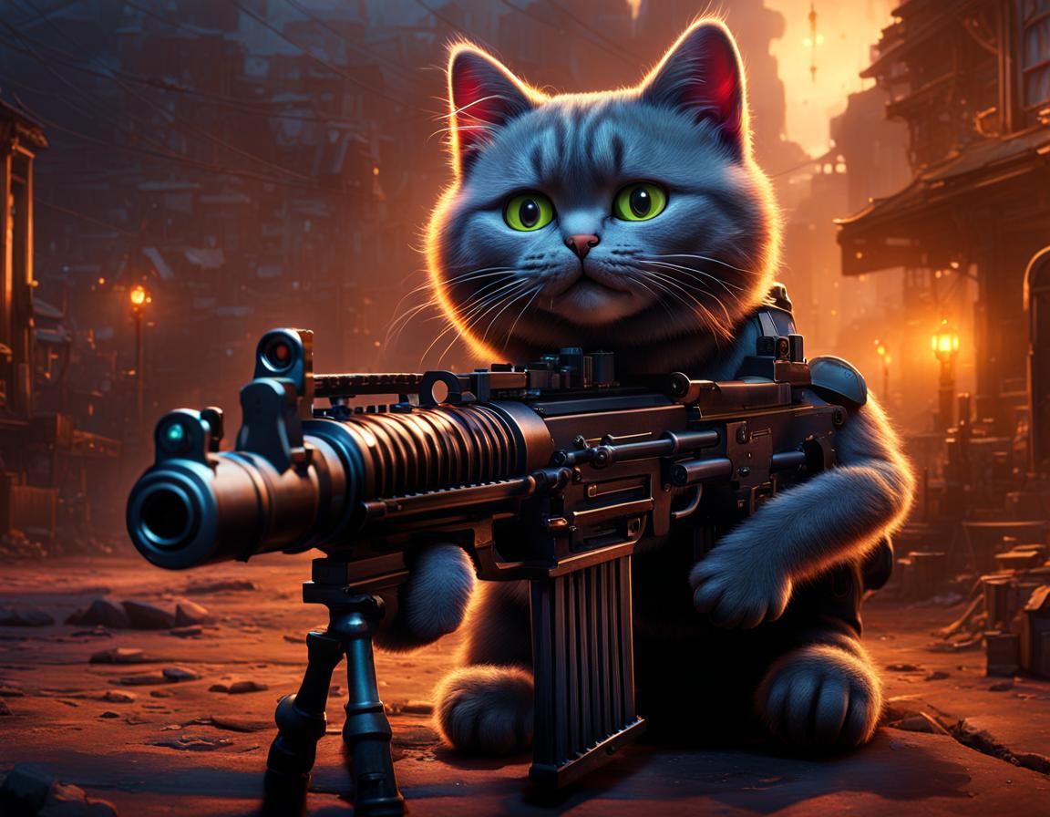 machine gun murder kitty, pixar/dreamworks, masterpiece, detailed matte ...