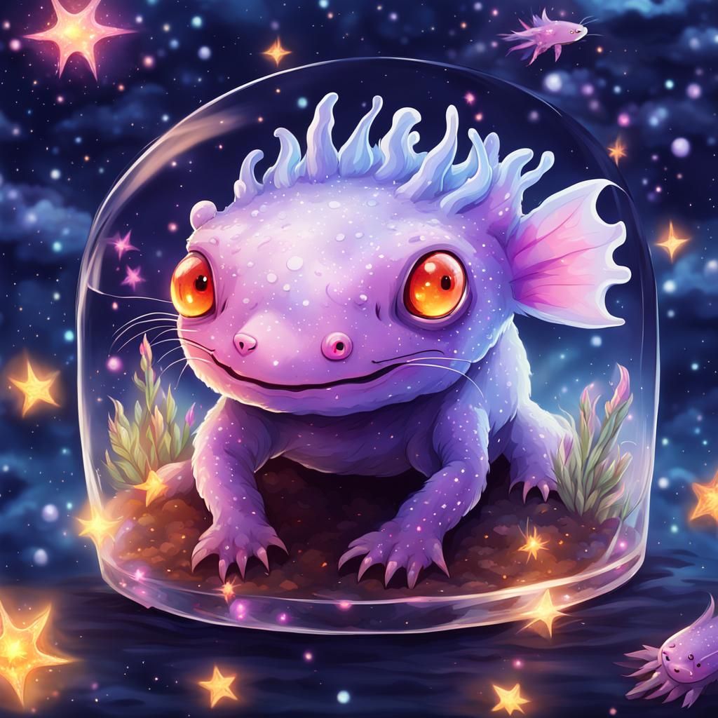 Galactic axolotl with flaming and glowing lavender eyes Surrounded by ...