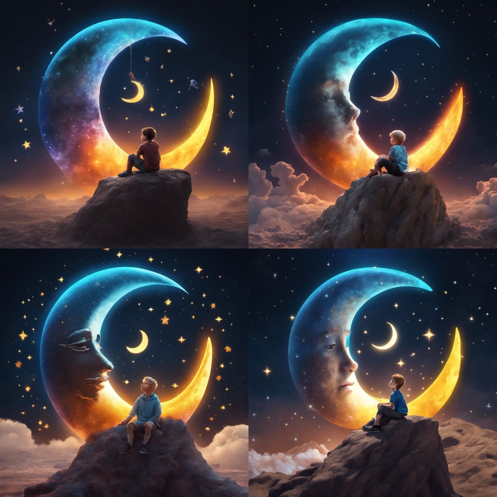 Portrait of a boy sitting on crescent moon, sun, moon, and stars ...
