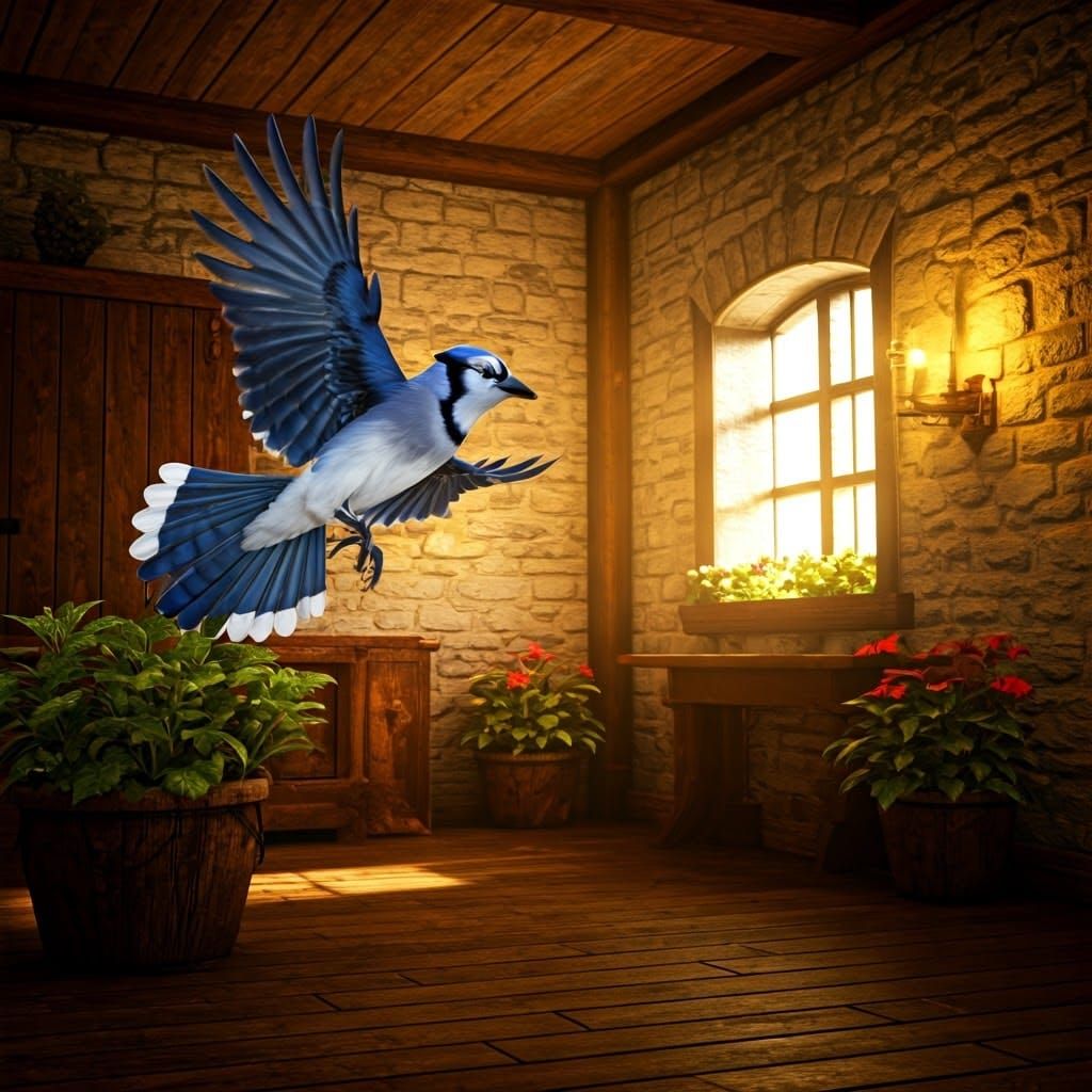 Blue Jay bird trapped in the house flying around the room.