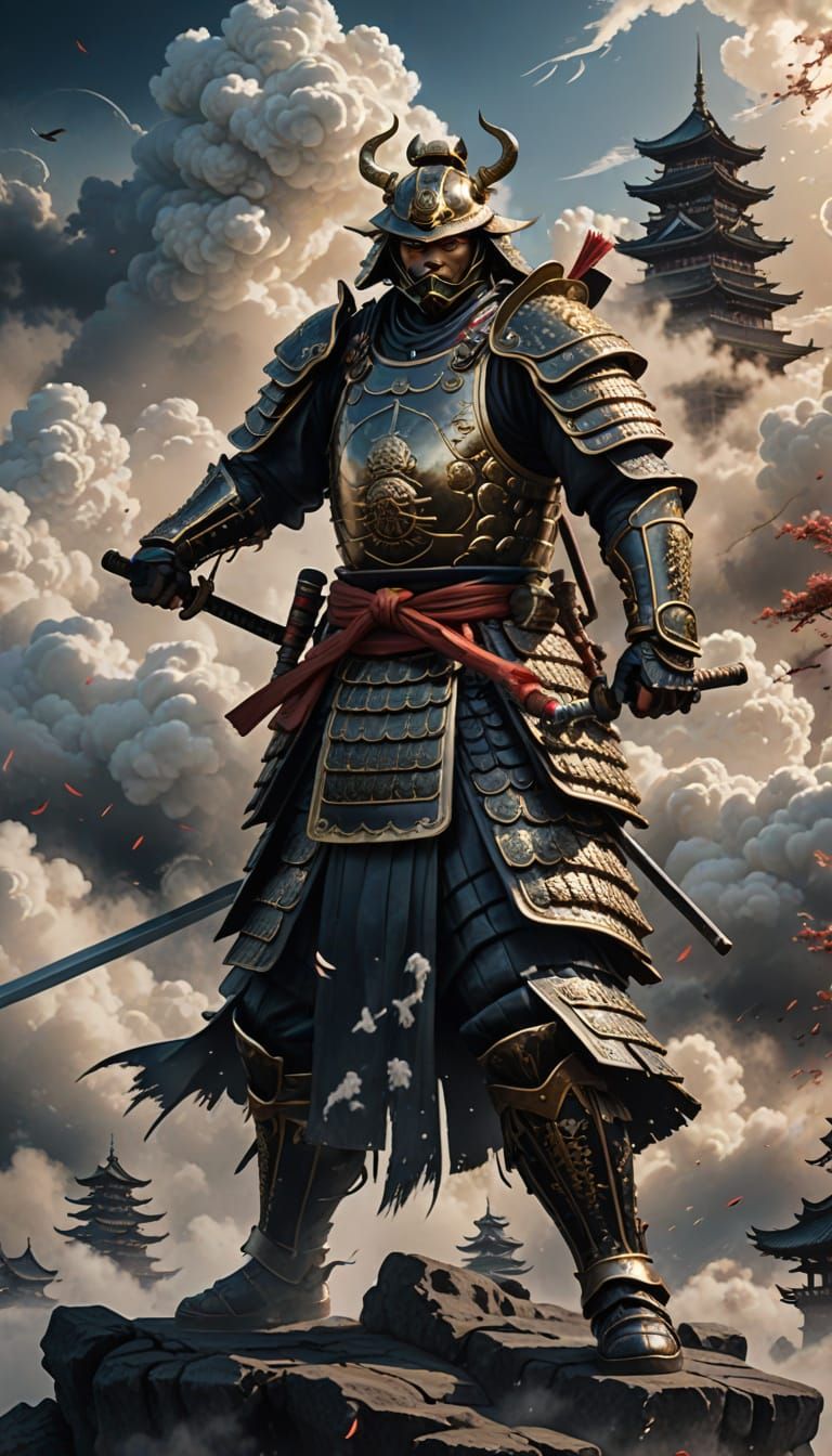 Samurai Battle Shadow Elementals on White Tower - AI Art