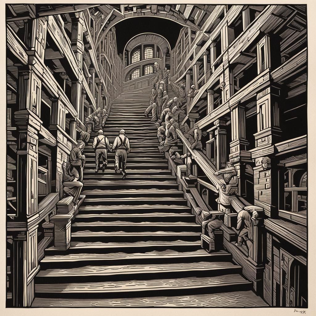 MC Escher style woodcut, people walking up the underside of a staircase ...