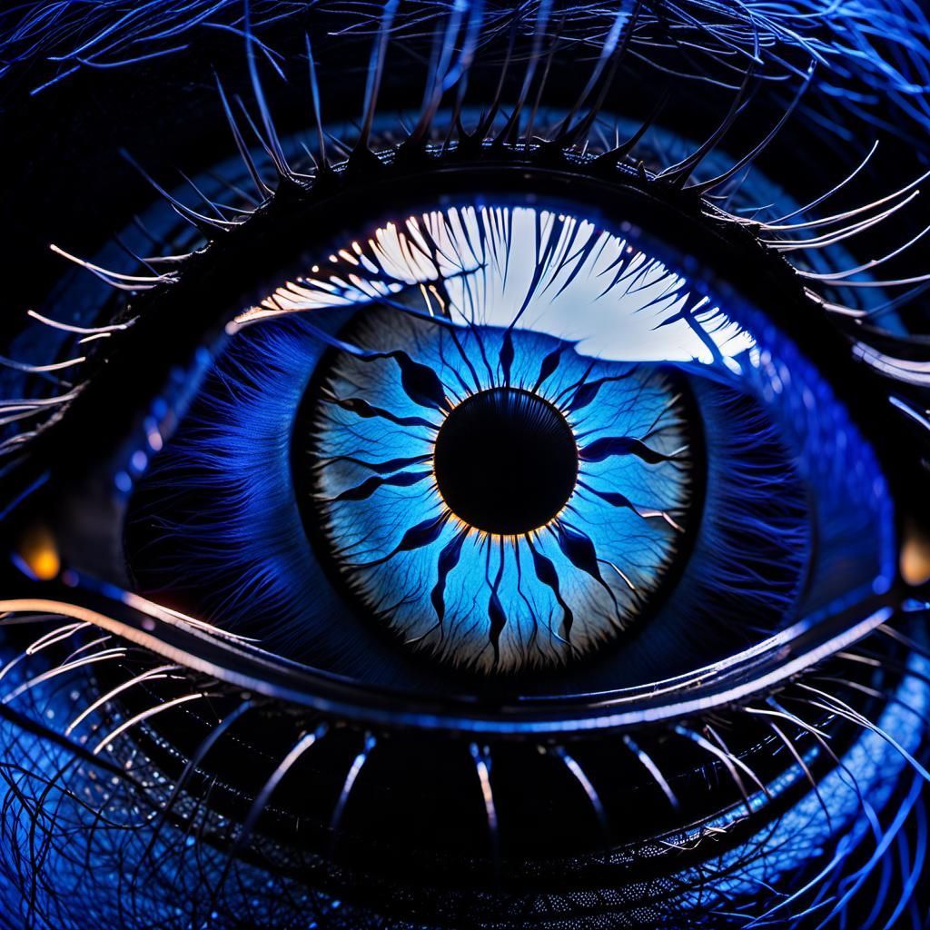 Close-up Microphotograph: Towering cyclops (Lamp Eye-neon electric blue ...