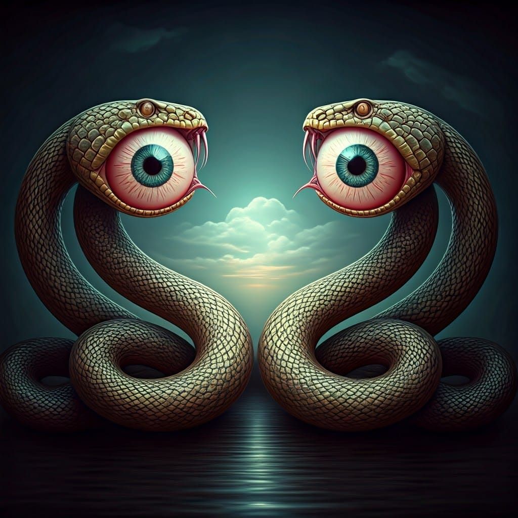 Ominous Snakes Confront with Enigmatic Eyeballs in... - AI Art