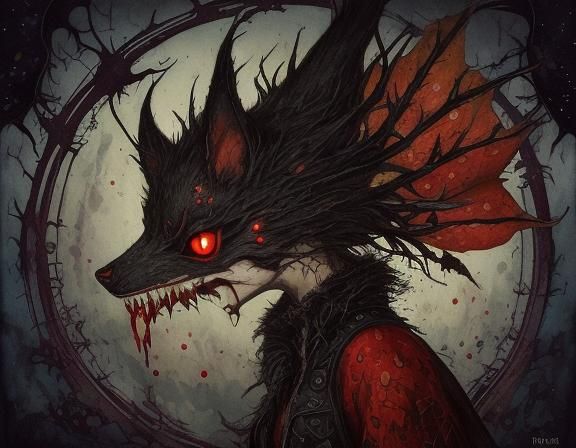 A damaged animal-hybrid mask, punk-goth, furry art, rotting skin ...