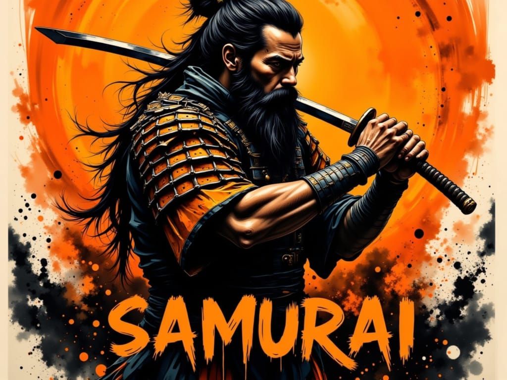 samurai warrior captured in profile, gripping his katana with both hands in a poised ...