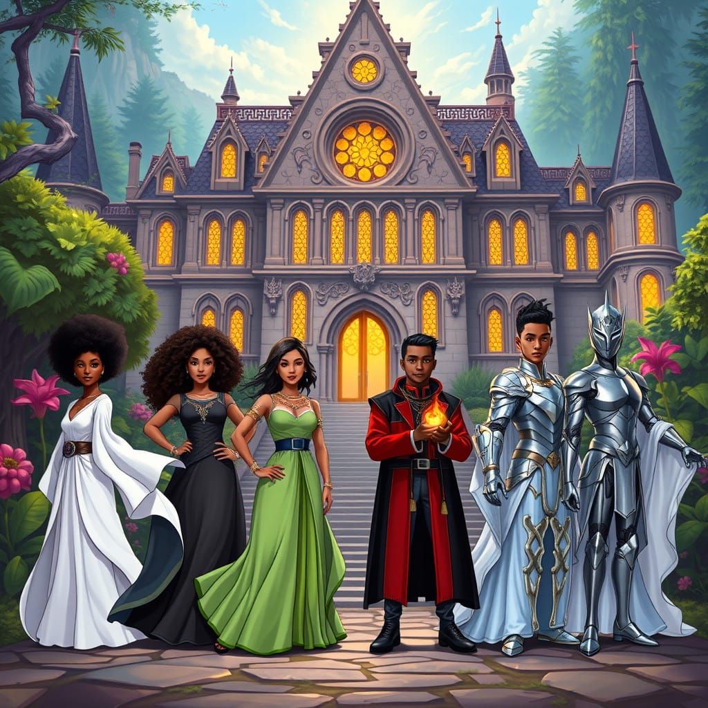 Picture of a majestic magic school with the seven main characters from ...