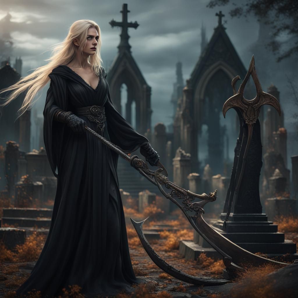 Beautiful Blonde Priestess of Death Wielding A Scythe Wearing Black ...