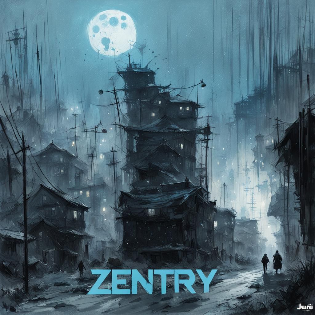 Blue ZENTRY!!!", negative black and white Speedpaint with large brush strokes and paint splatter ...