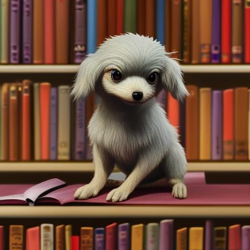 Cute, beautiful, highly detailed, hyperrealistic small dog in a library ...