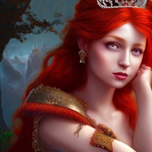 A red headed princess with a head decors and a tiara detailed matte ...