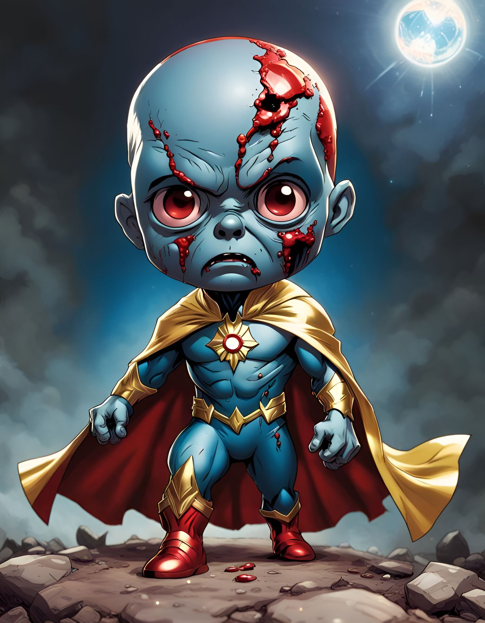 chibi zombie vision marvel, blue and red suit with gold cape, yellow ...