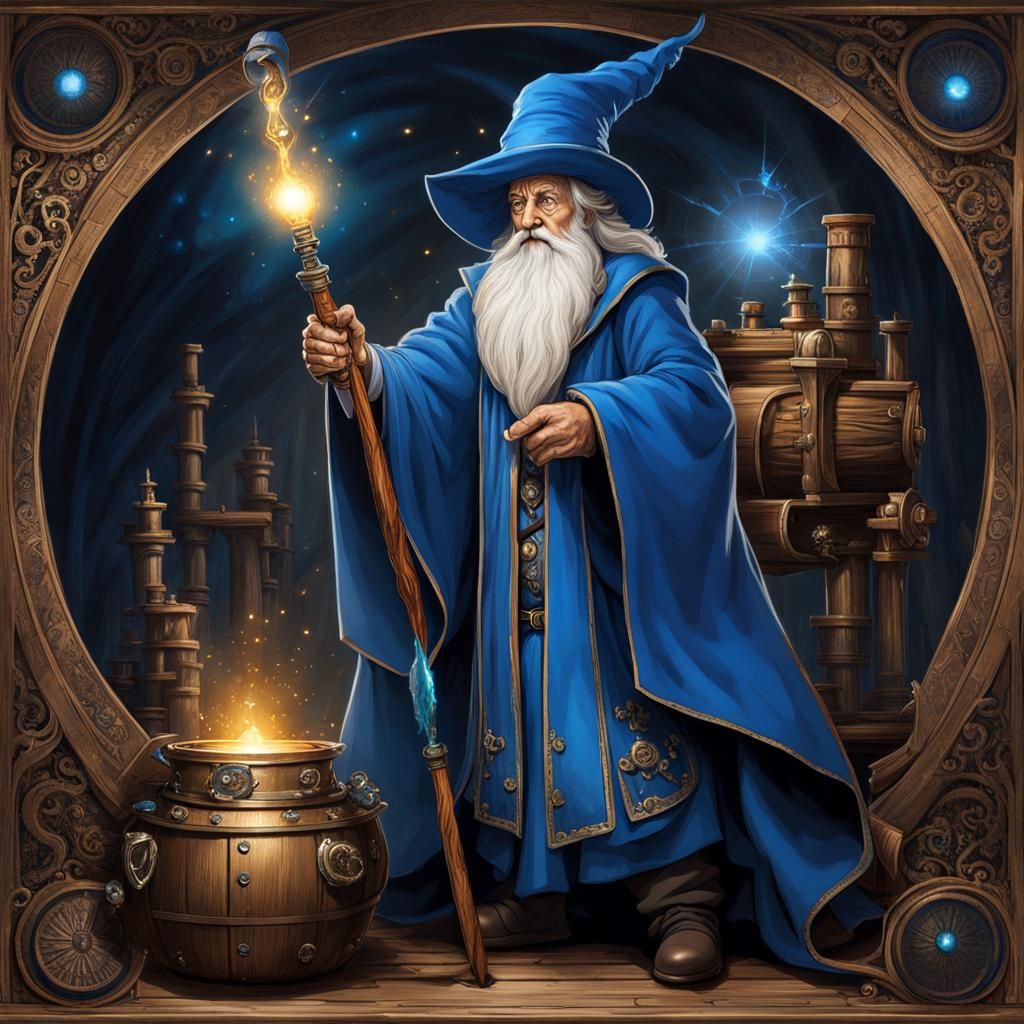 A wise old wizard with a long flowing blue robe. His face is wrinkled ...