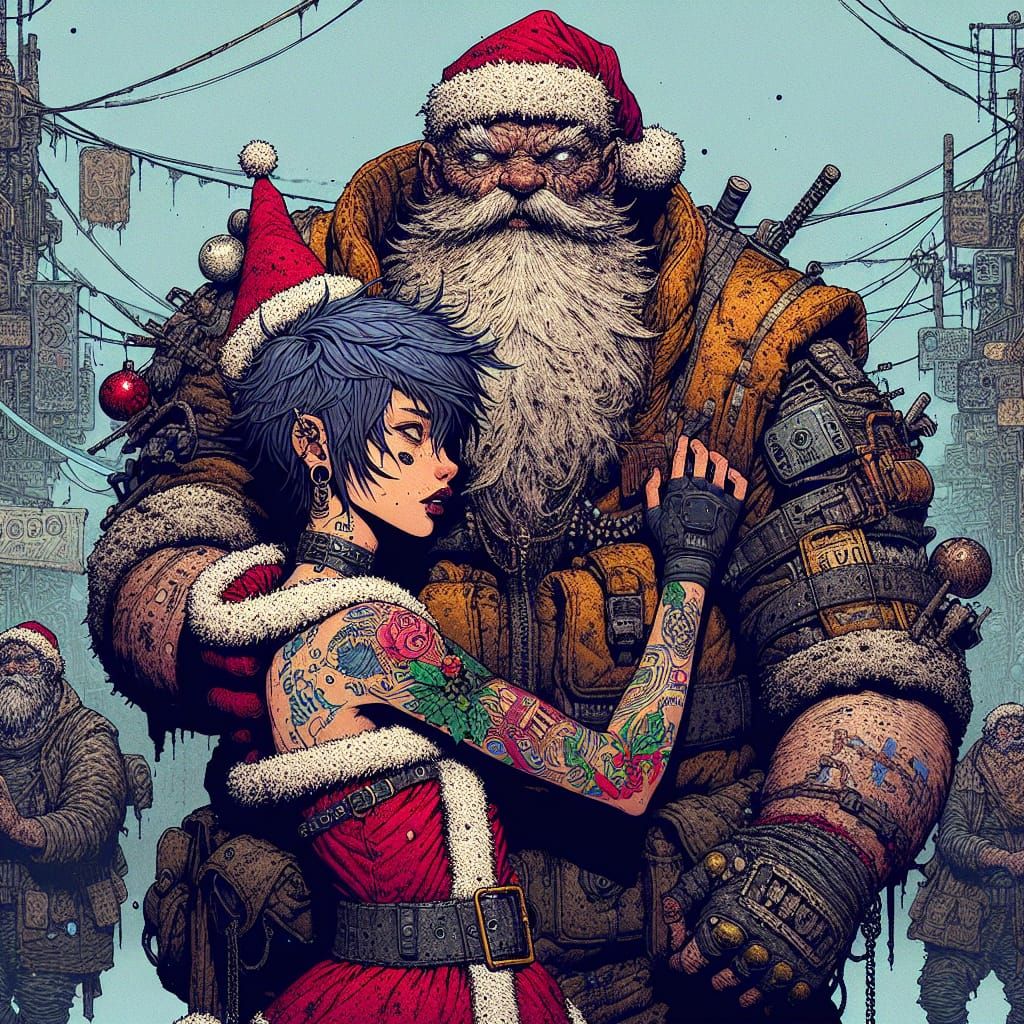 Portrait of a gritty cyberpunk, beautiful Mrs. Santa Claus, inspired by ...