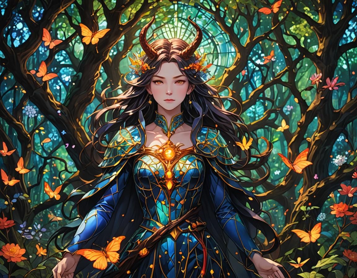 (Insanely detailed neon colored stained glass artwork of a demonic lady ...