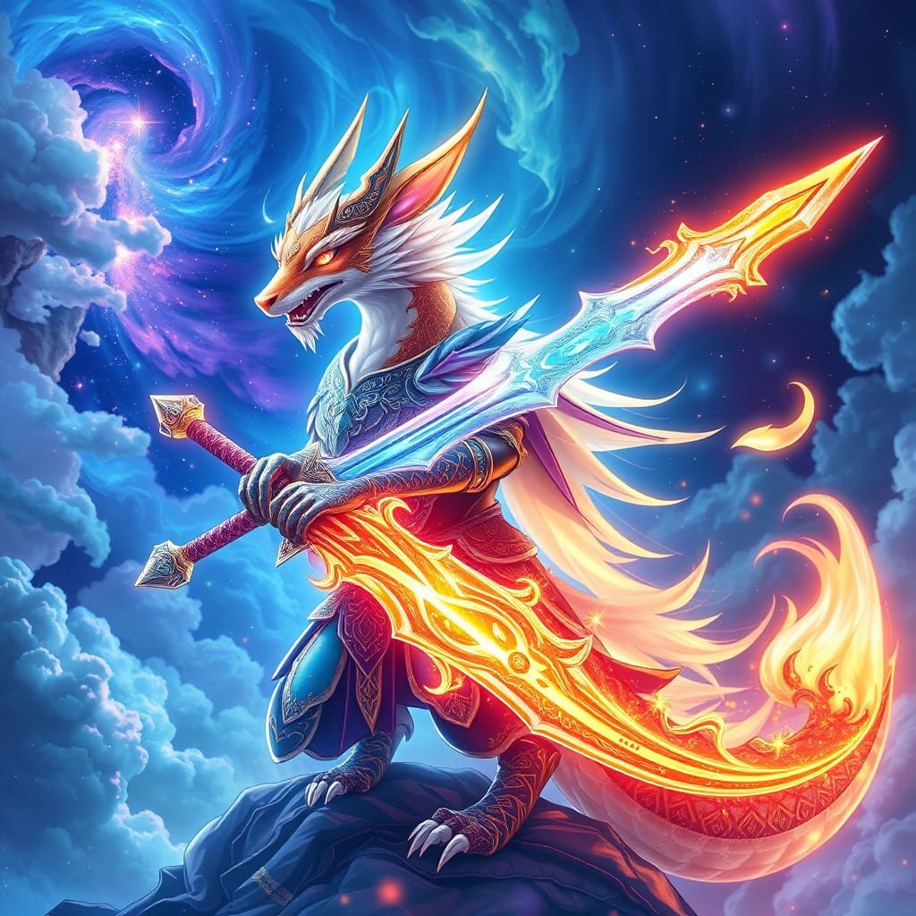 A cosmic astral jewelry fox-dragon warrior symbolizing the four seasons ...