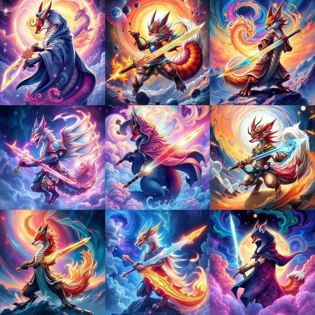 A cosmic astral jewelry fox-dragon warrior symbolizing the four seasons ...