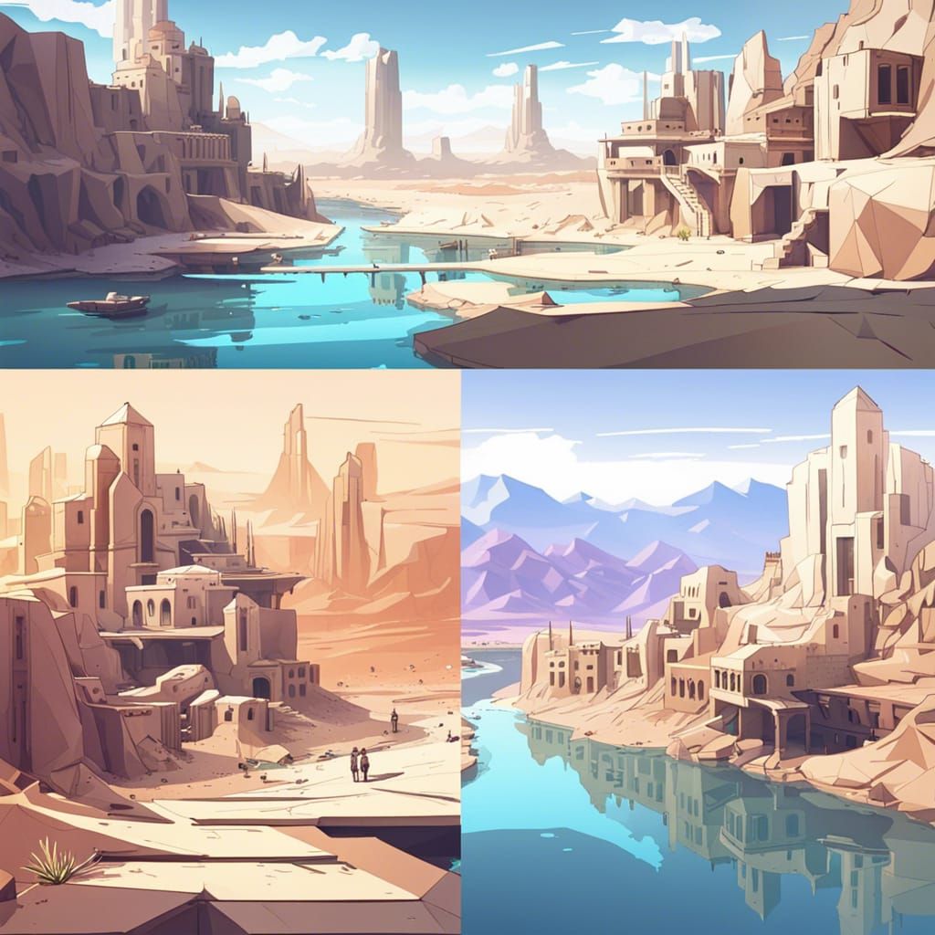 Scifi fantasy low poly scene desert ruins city river water multi level ...