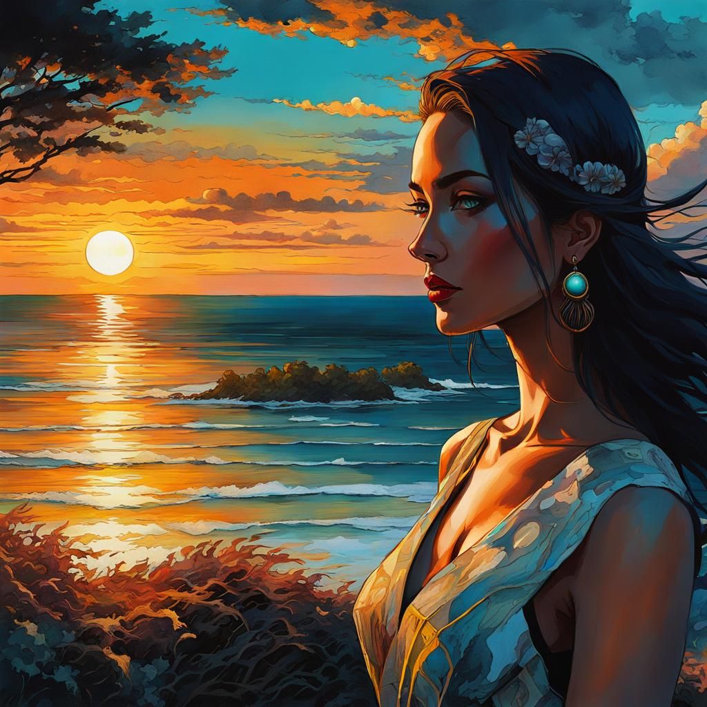Young Woman and the Sea v3 - AI Generated Artwork - NightCafe Creator