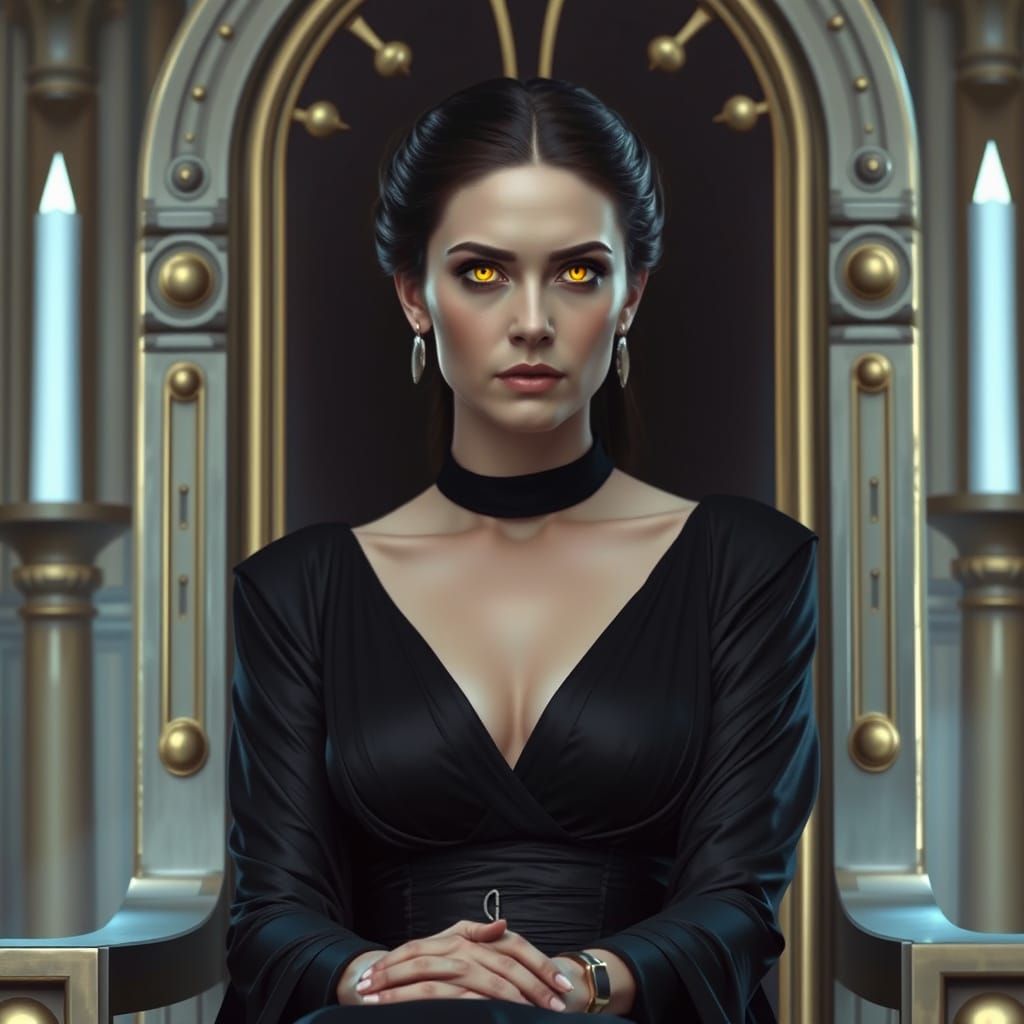 Princess Leia is sitting on the emperors throne, wearing a black gown ...