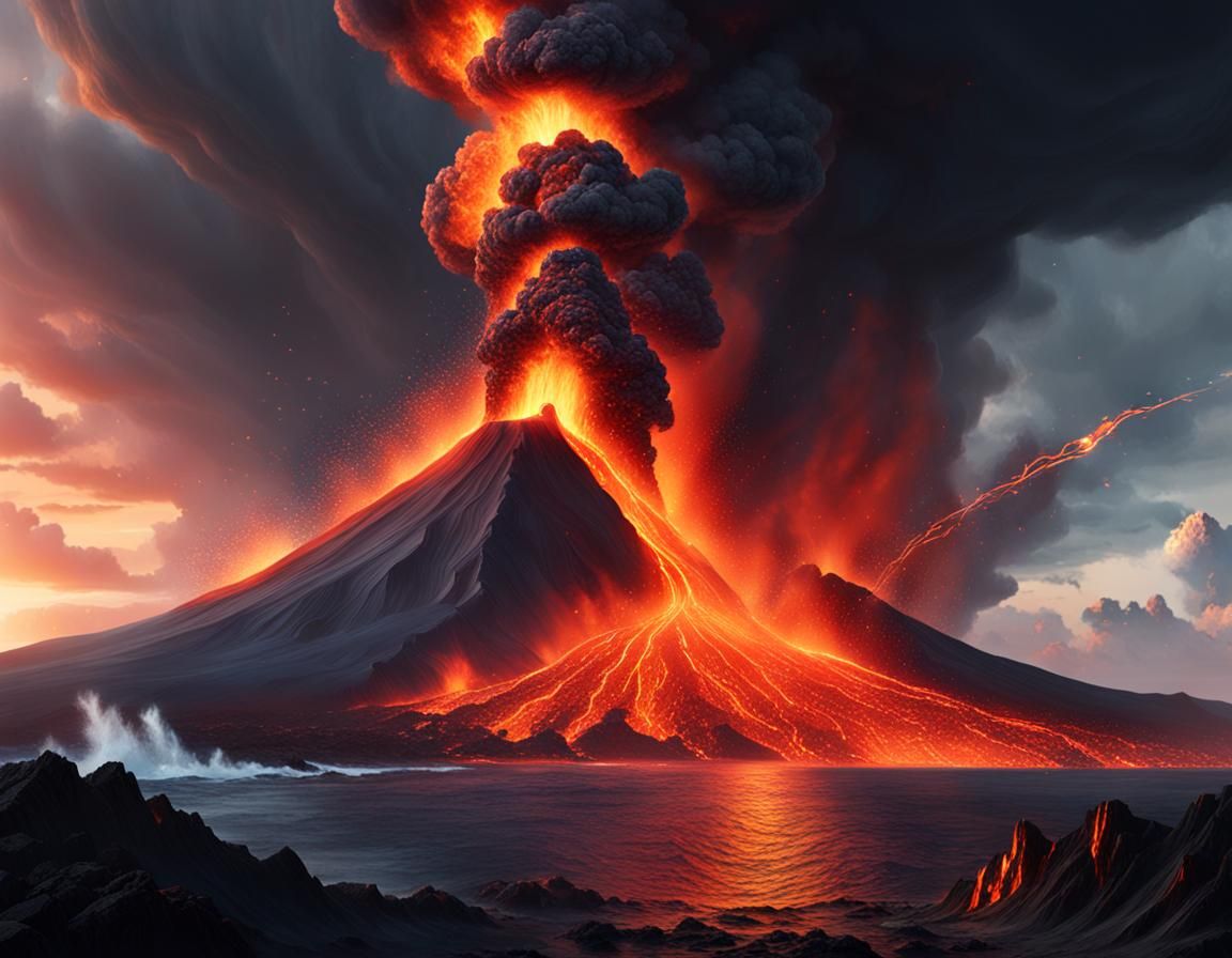 epic cinematic landscape art, erupting volcano, lava flowing toward the ...