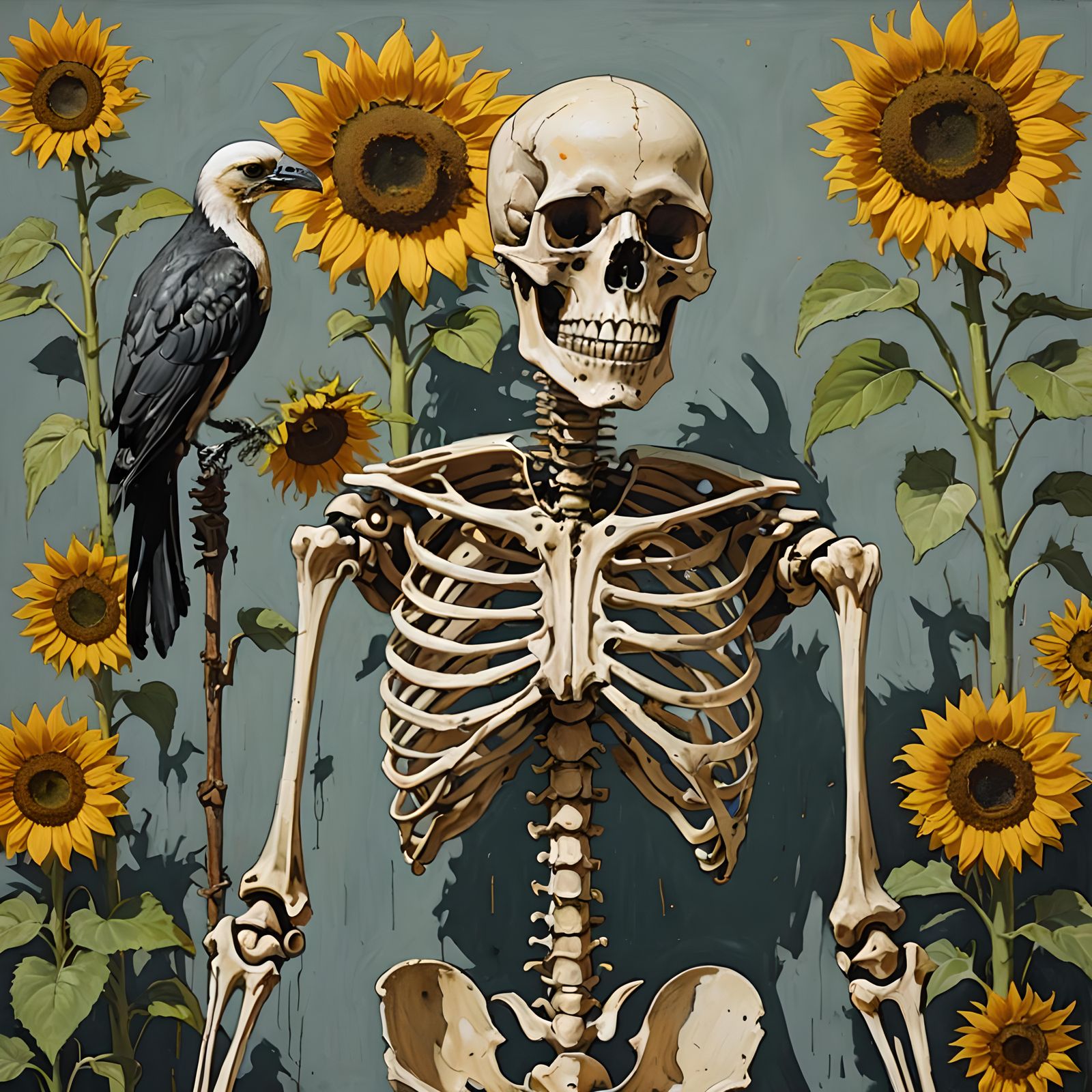 Composition 2: Bird, Human Skeleton & Sunflowers - AI Generated Artwork ...