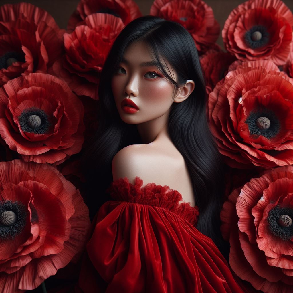 An asian girl in giant poppy flowers / Inspired by Hilke Muslim - AI ...