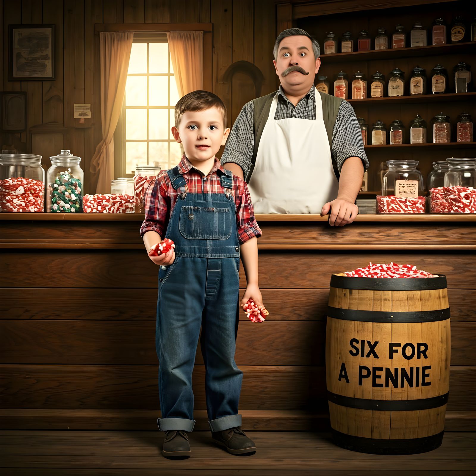 Six for a Pennie... A young boy is in a small town general store of the ...