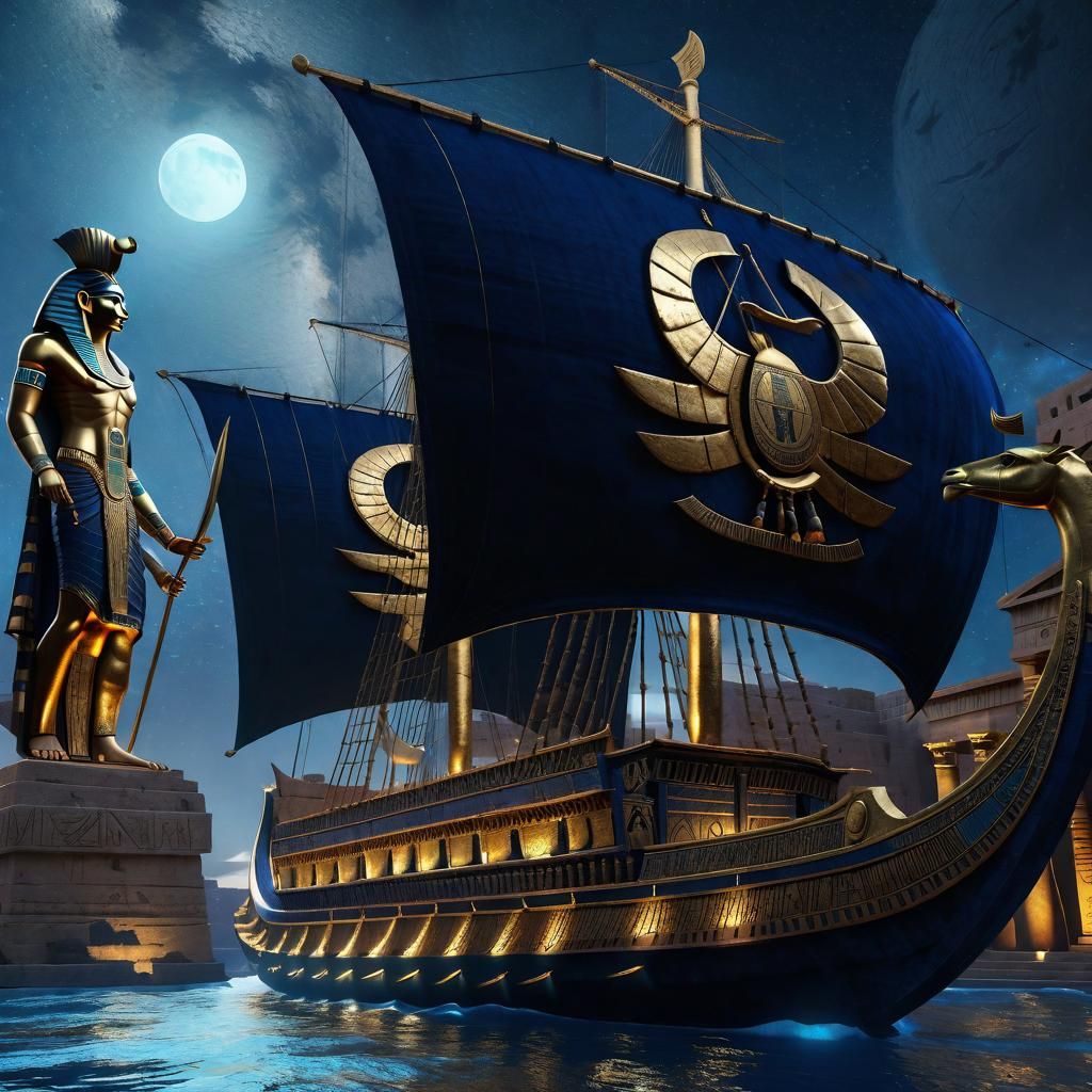 Luxurious ancient egyptian trireme boat with dark blue sails with gold ...