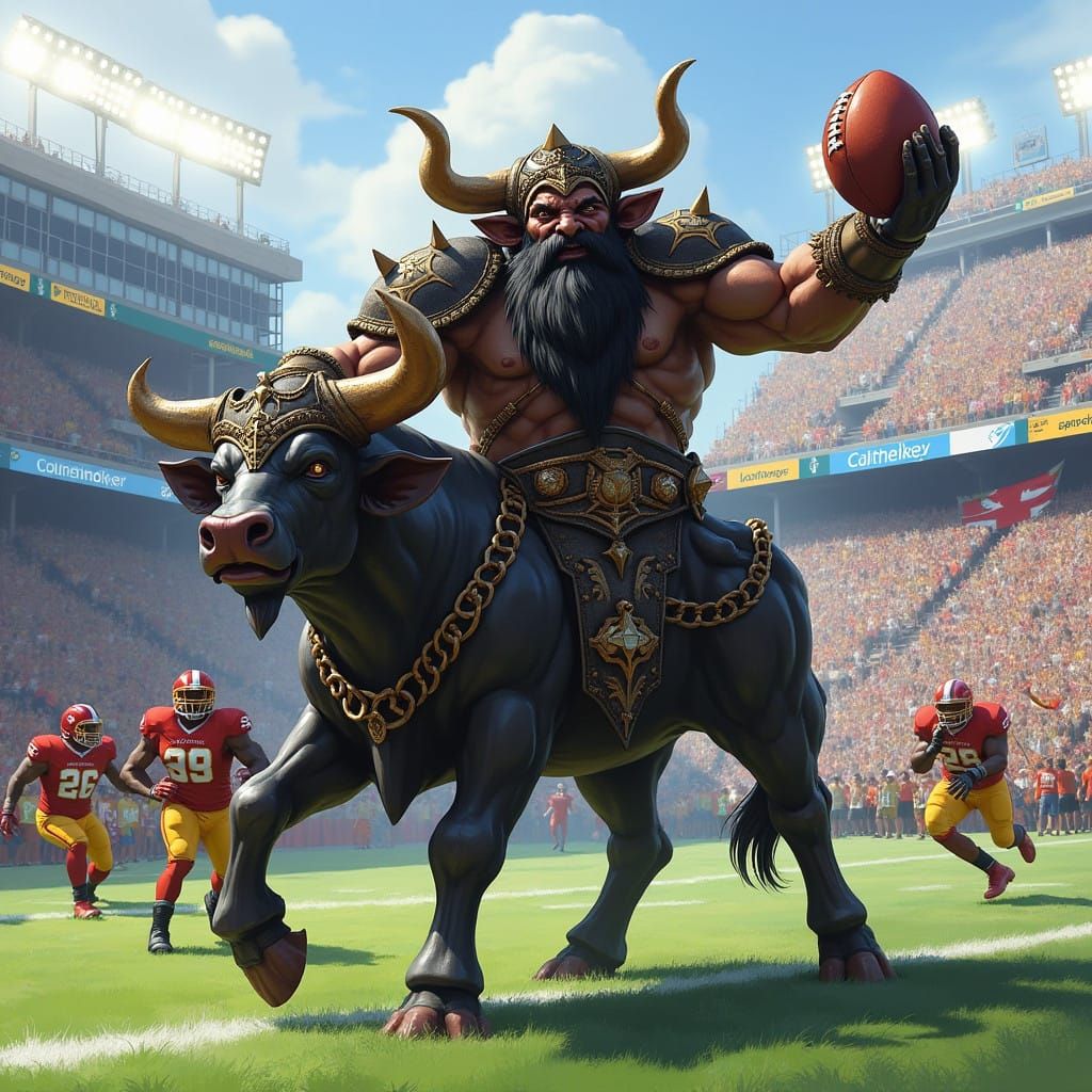 Heavily Armored Bull Centaur in Dark Fantasy Rugby... - AI Art