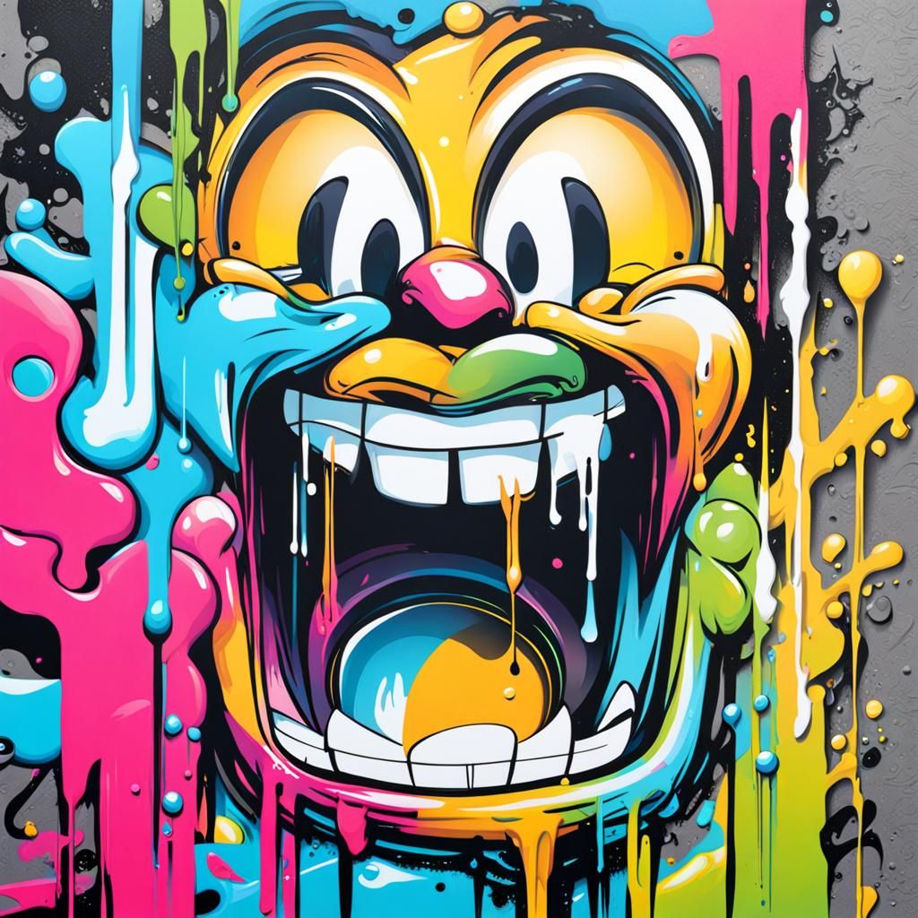 Laughing face, graffiti art, splash art, street art, spray paint, oil ...