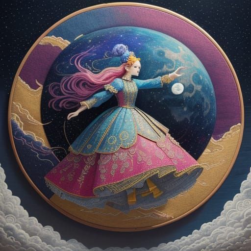 Surreal Embroidered Goddess in Vibrant Cosmic Land... - AI Art