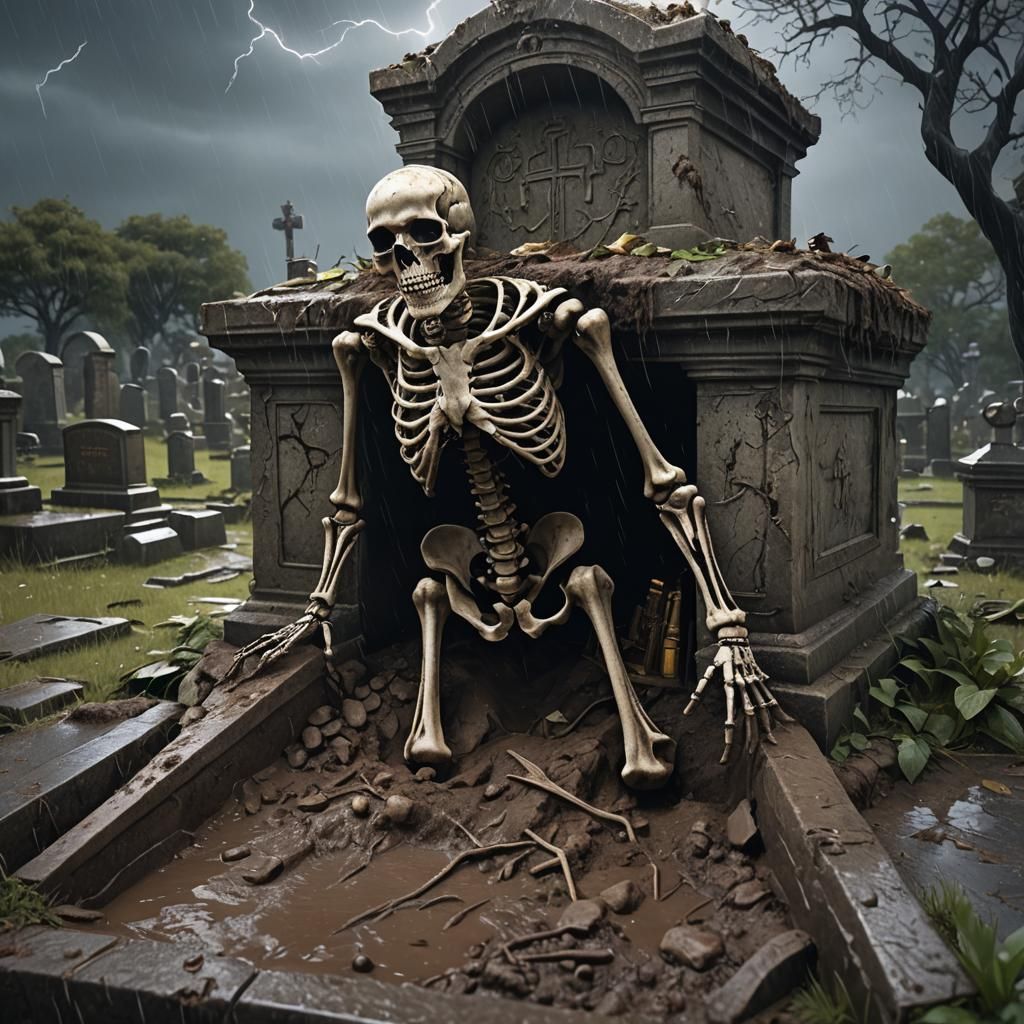 Decomposing skeleton coming out of tomb in cemetery dirty with mud ...