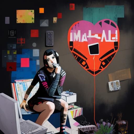 a mixed media patchwork portrait of Female a computer programmer using ...