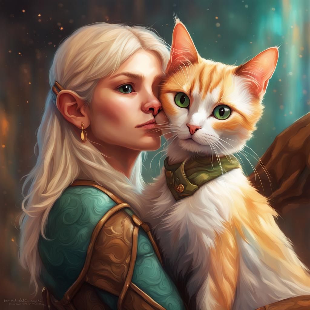 munchkin calico cat loves female blonde elf Hyperrealistic, splash art ...