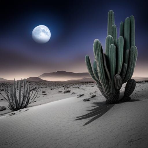 Eerie nighttime desert scene. Shadows. Cactus. Looming moon. A wispy ...