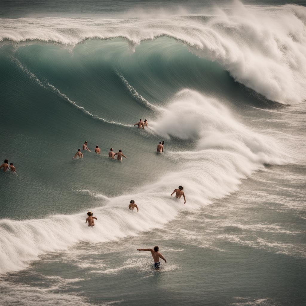 people swimming in colossal waves at a beach - AI Generated Artwork ...