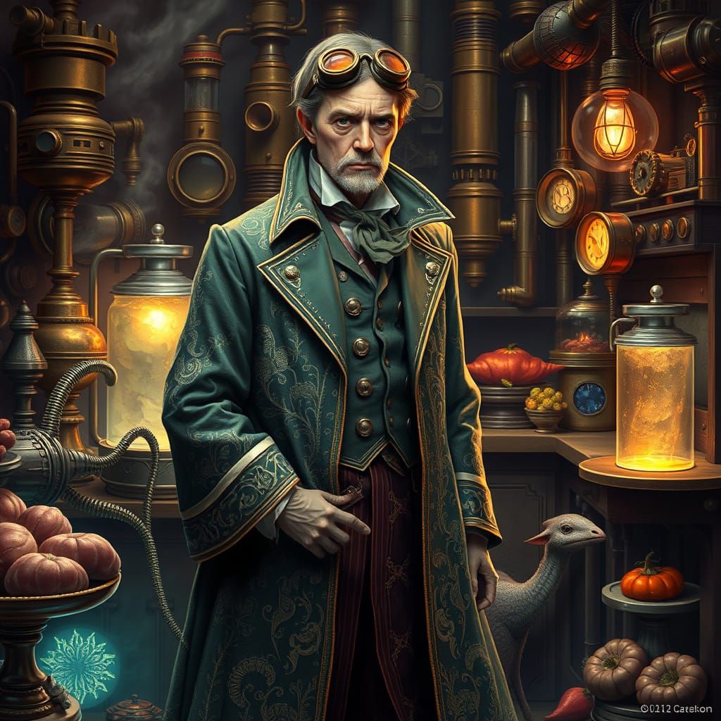 Steampunk Inventor in Harbor District Silk Cloak w... - AI Art