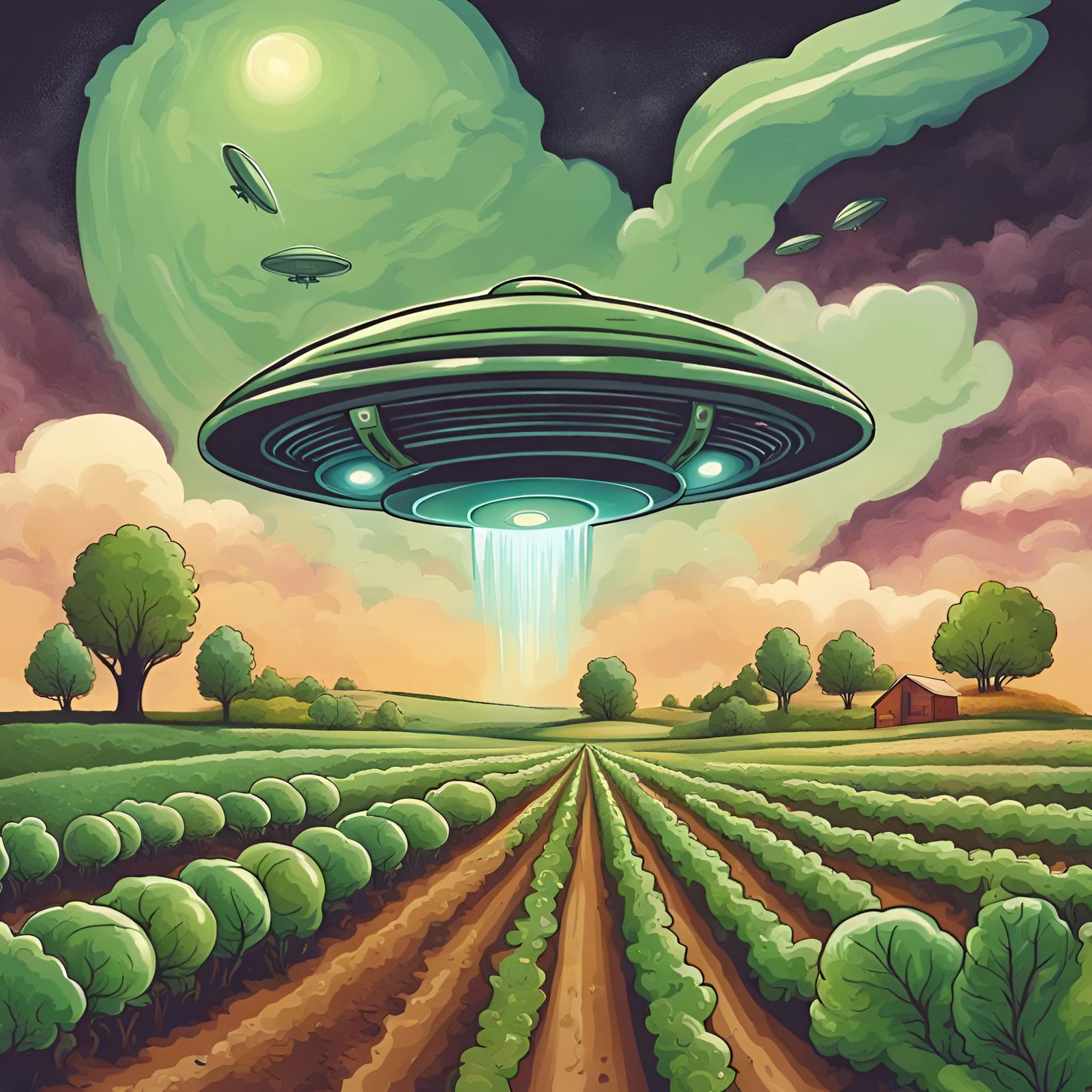 Ufo aliens in vegetables, fields ,by trees ,illustration - AI Generated ...