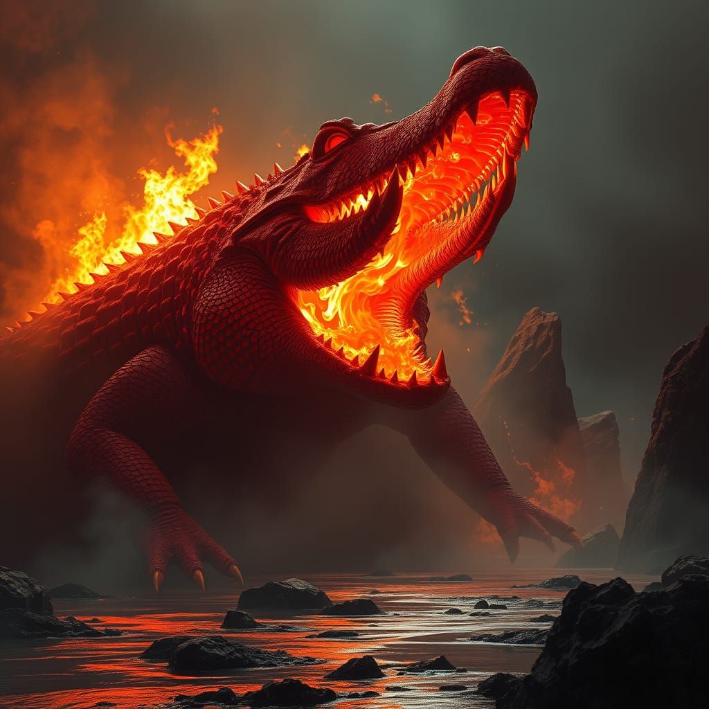 Fire Breathing Crocodile Emerges from Shadows - AI Art