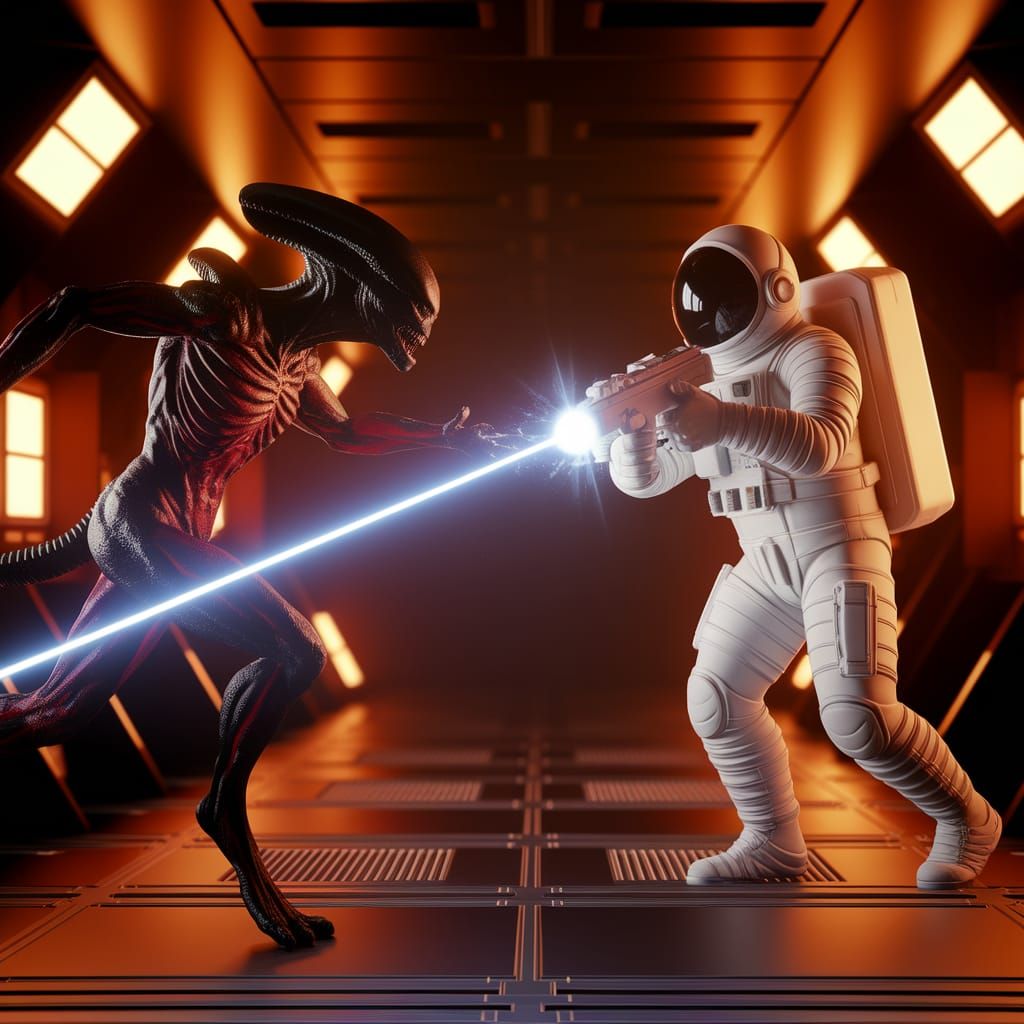 Alien Charges Astronaut in Intense Space Station C... - AI Art