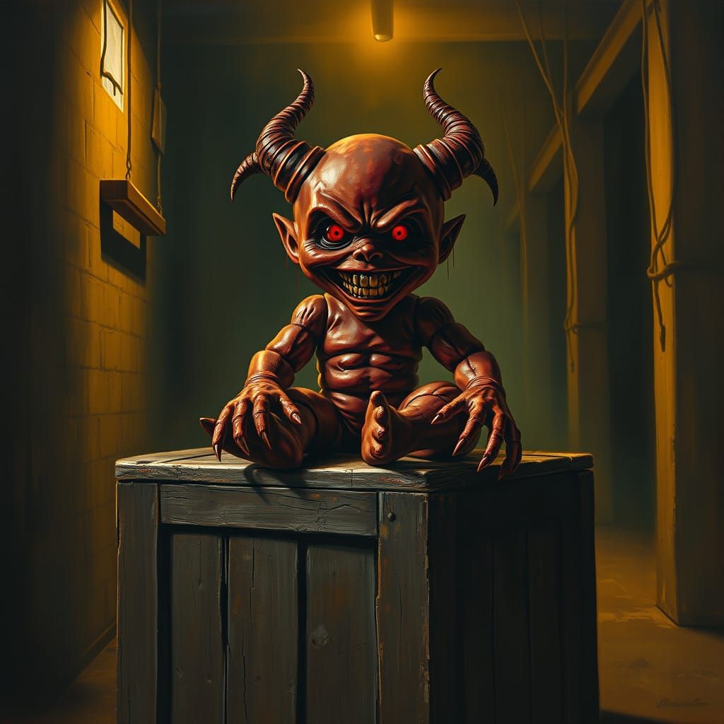 A photo of an evil, demonic haunted red doll with glowing red eyes and ...