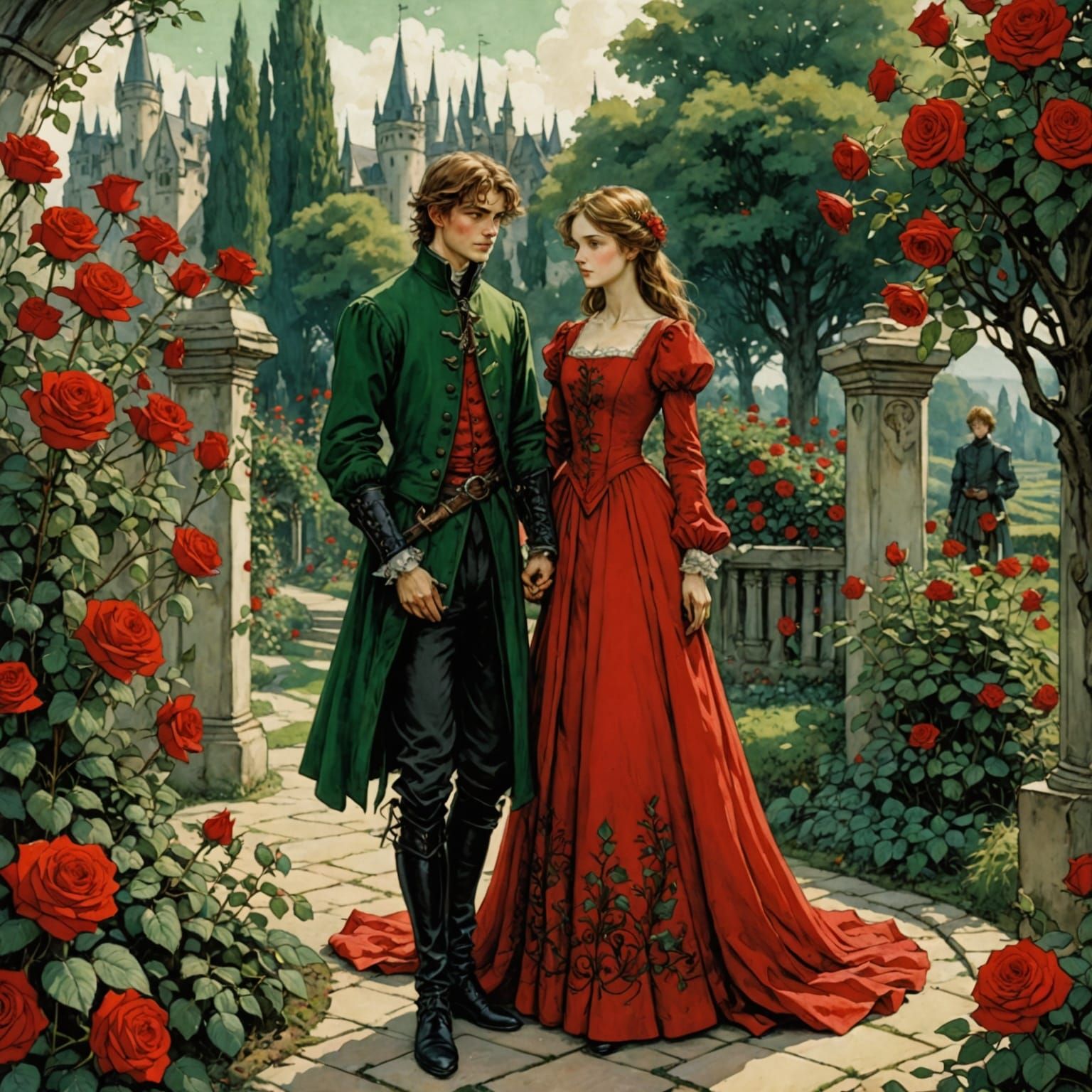 The Rose Garden - Medieval Fantasy Scene with Arthur Rackham...