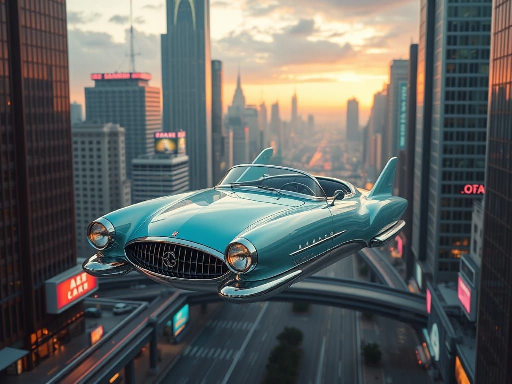 Vintage Flying Car Takes to the Skies in Modern Me... - AI Art