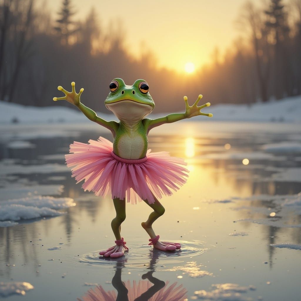 Ballet Frog on Frozen Lake at Sunset - AI Art