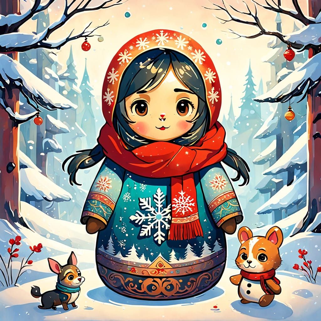 Whimsical Winter Wonderland Matryoshka Doll Scene - AI Art